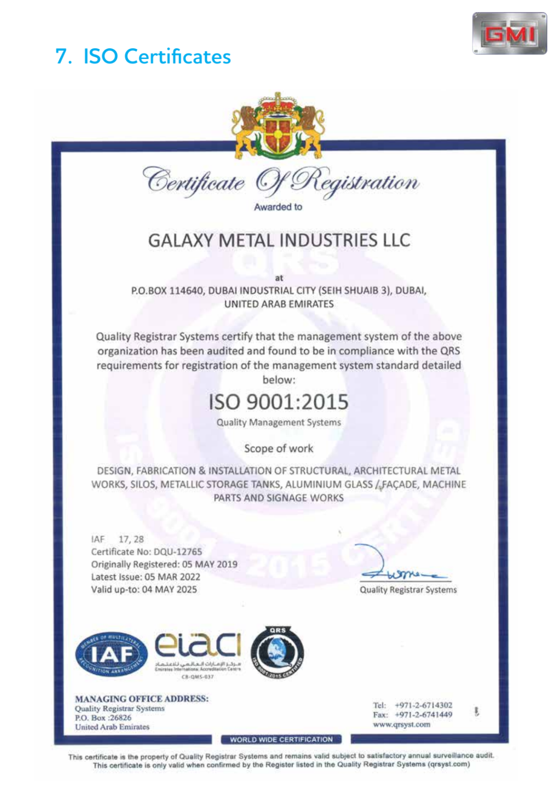 Certifications - Metal & Steel Fabrication Companies in Dubai